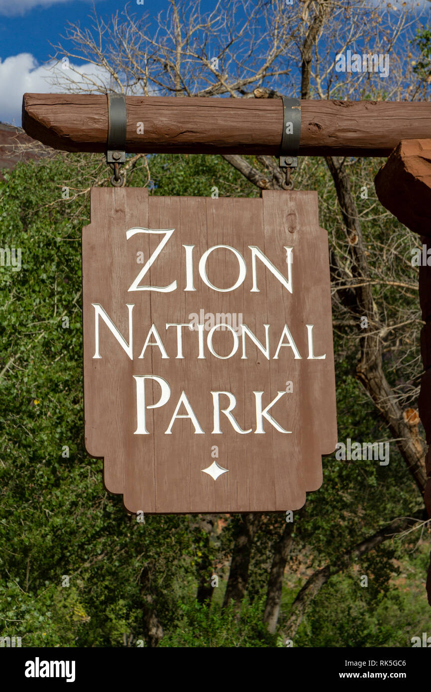 Sign at the entrance to Zion National Park, Utah, United States Stock ...