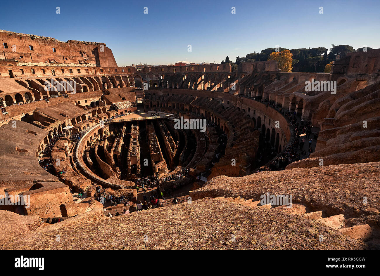 Interior view of the Roman Colosseum with a beautiful play of lights ...