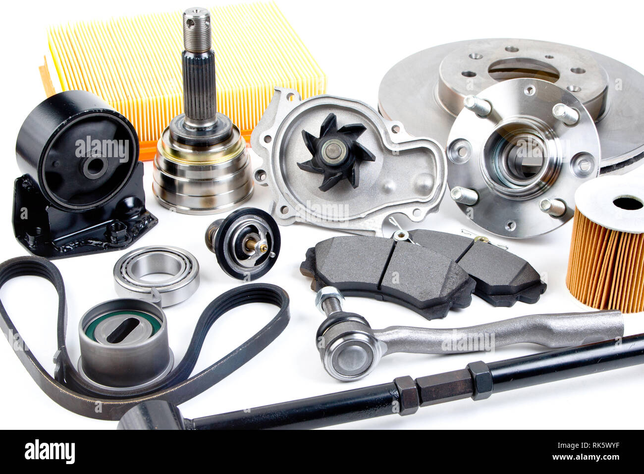 Auto parts background. Hub, pump, brake pads, filter, timing belt ...