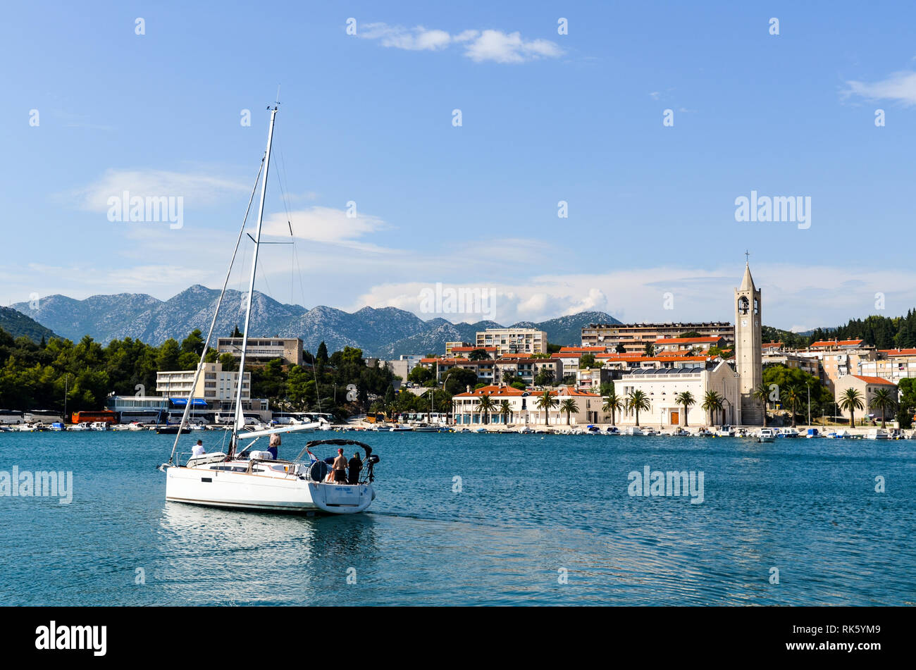 Sailboat in the coastal town of Ploce (Ploče), Croatia. It is the ...