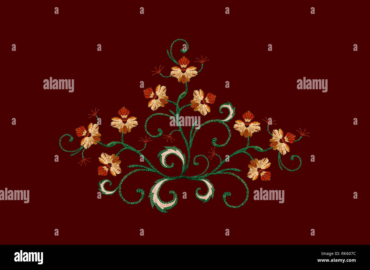Embroidered bouquet of curlicues, branches with orange, stylized ...