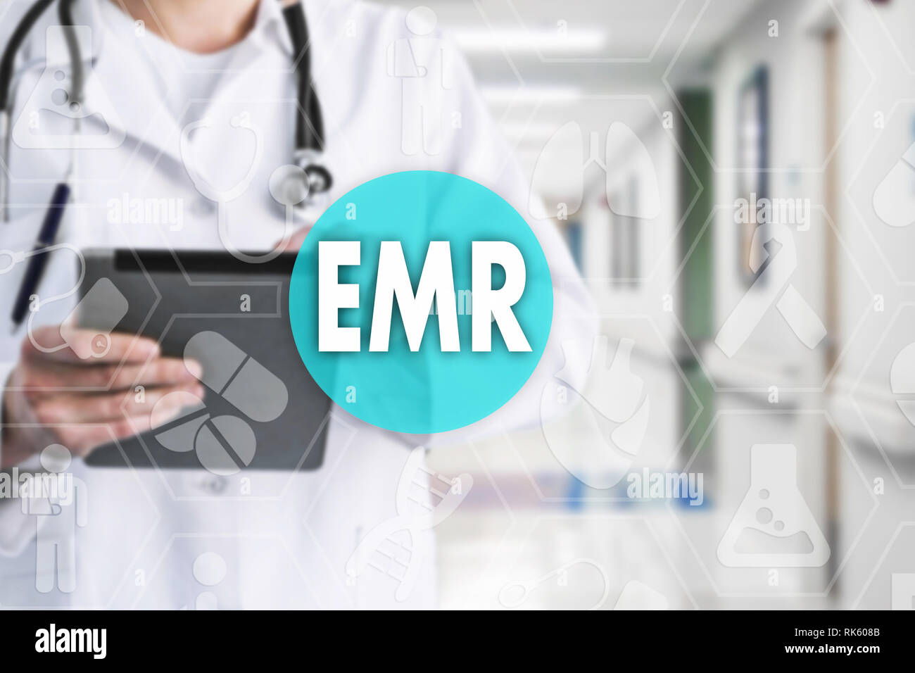 Electronic medical records. EMR on the touch screen with medicine icons ...