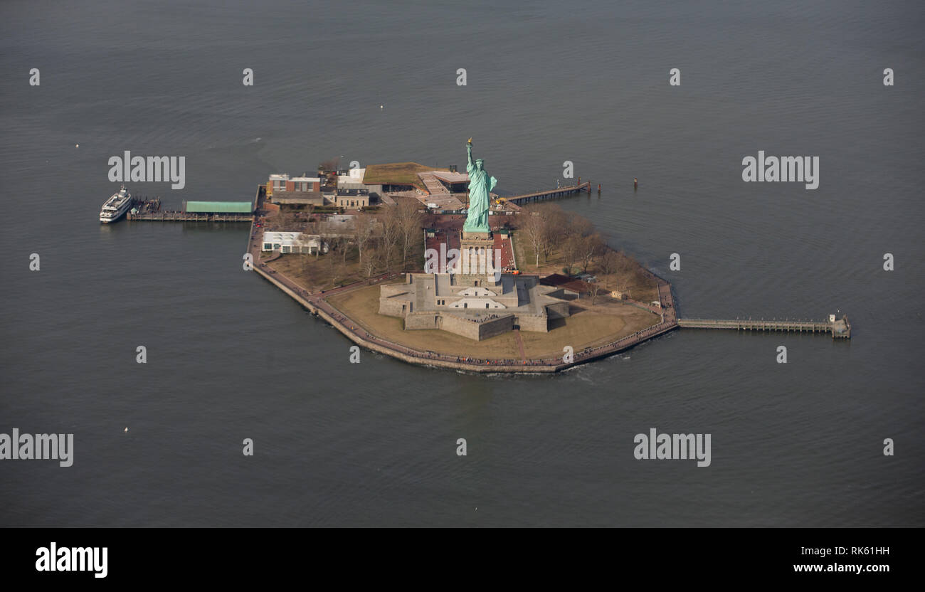 Aerial view of the Statue of Liberty National Monument, Ellis Island ...