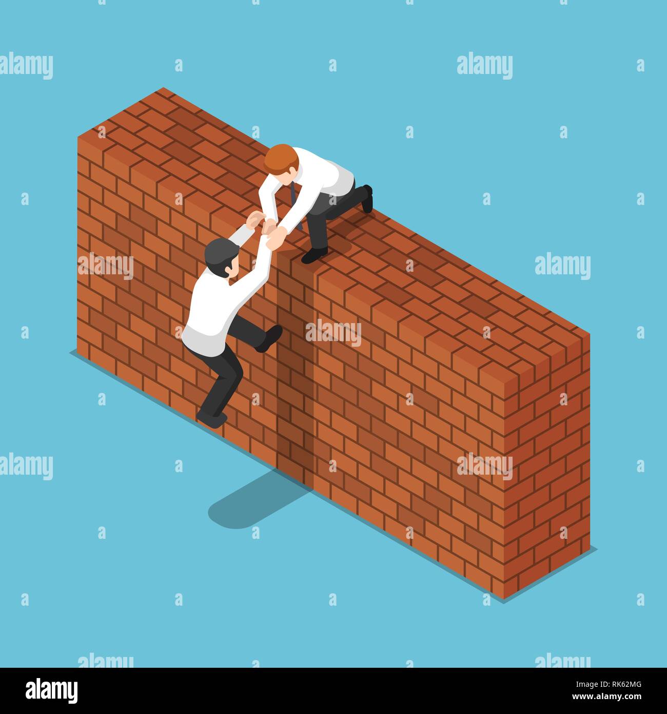 Flat 3d isometric businessman help his friend to climbing up a brick ...