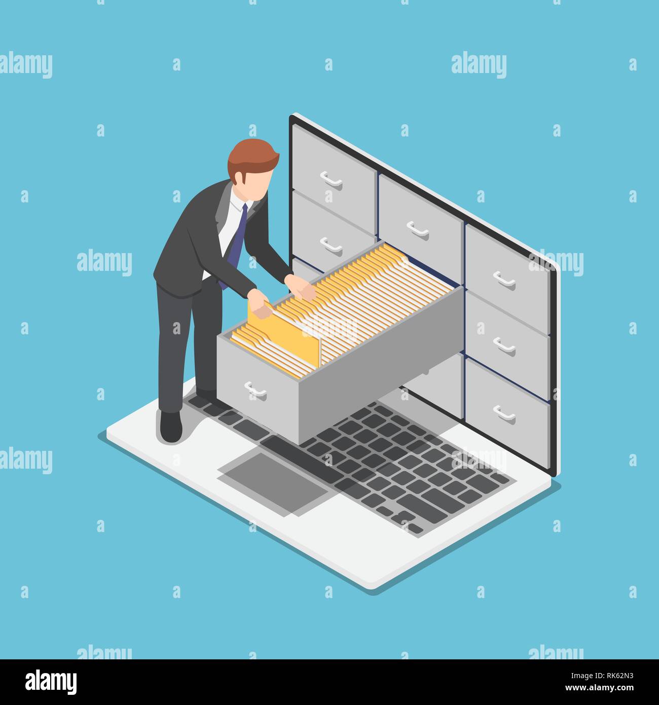 Flat 3d isometric businessman manage document folders in cabinet inside ...