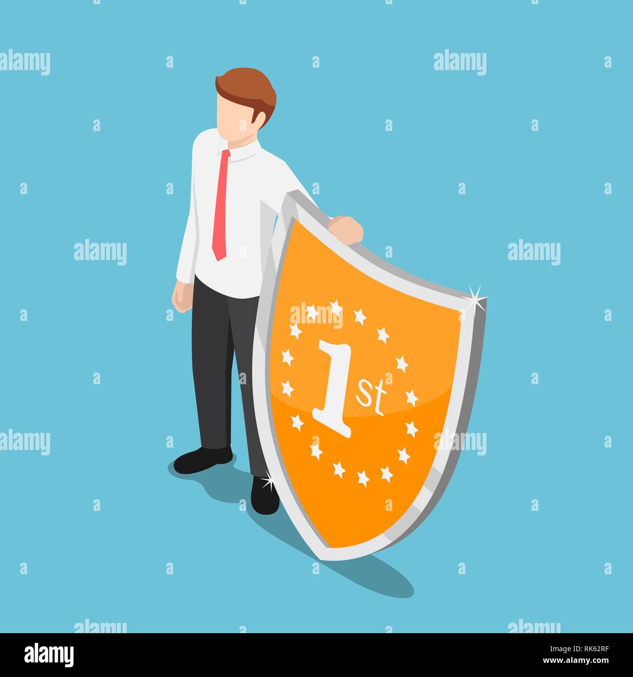 Flat 3d isometric businessman standing with winner shield. Outstanding ...