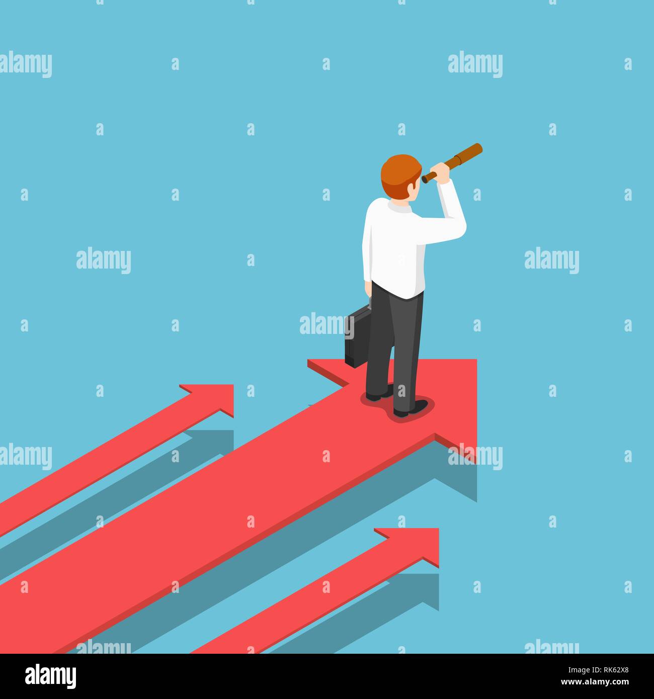 Flat 3d isometric businessman with telescope standing on arrow that ...