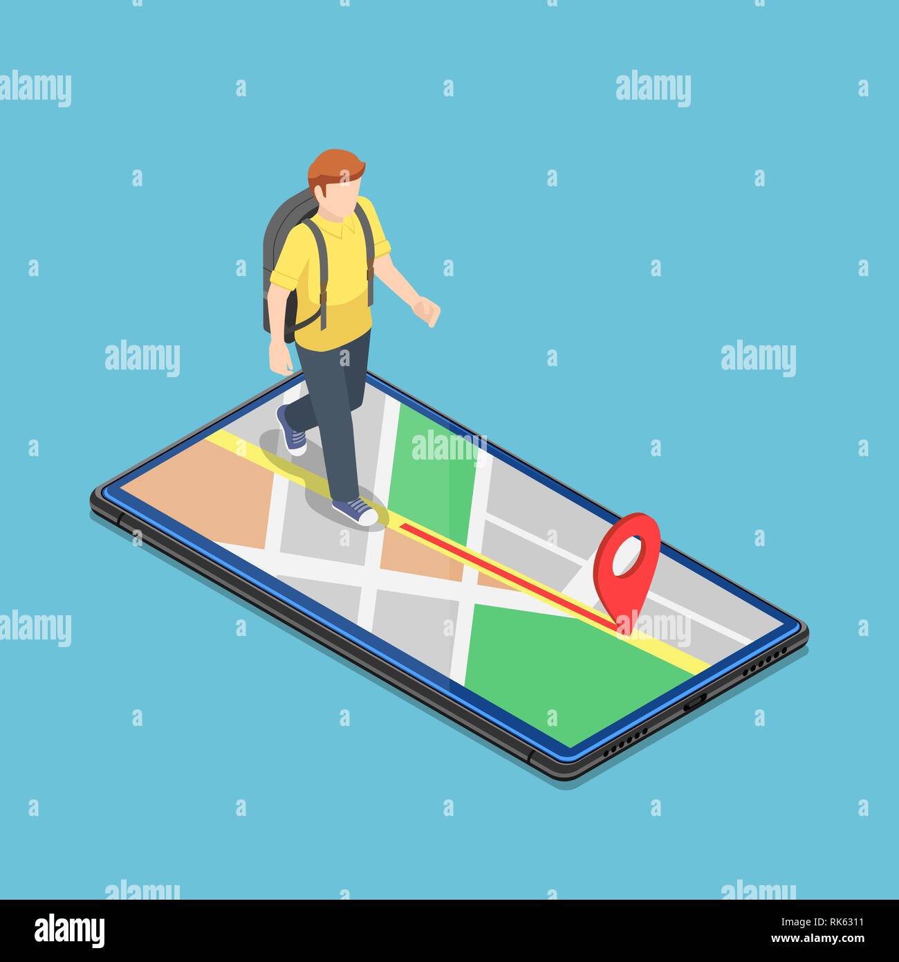 Flat 3d isometric traveller use map application on the smartphone to ...