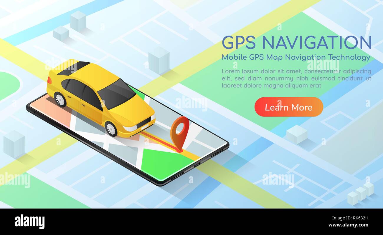 3d isometric web banner car with gps map navigation application on smartphone. Mobile gps map ...