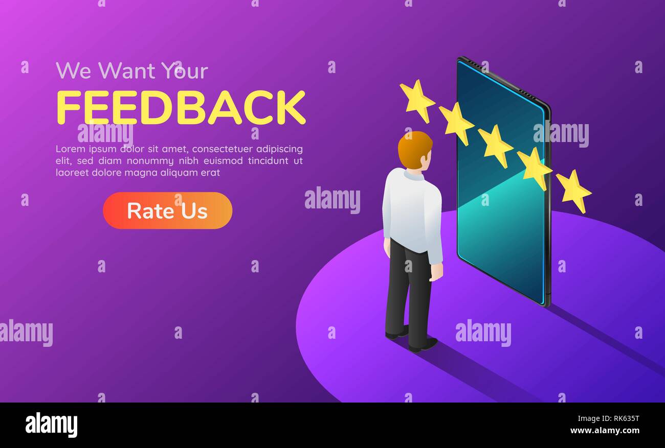 3d isometric web banner businessman with phone and five star feedback ...