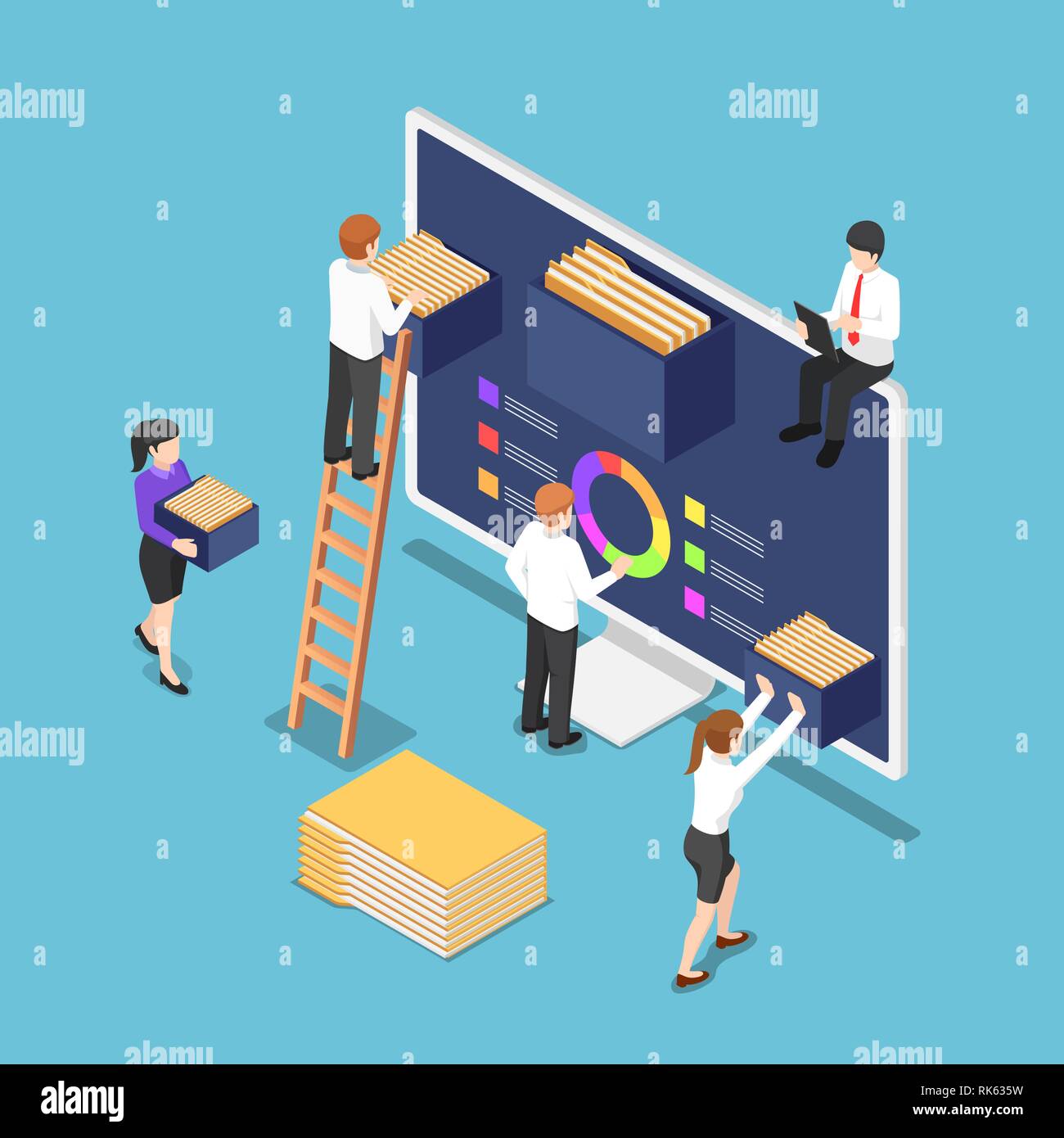 Flat 3d isometric business people are organize document files and ...