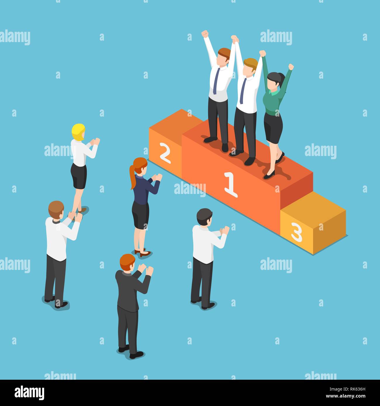 Flat 3d isometric business team on the winner podium and raising hand ...