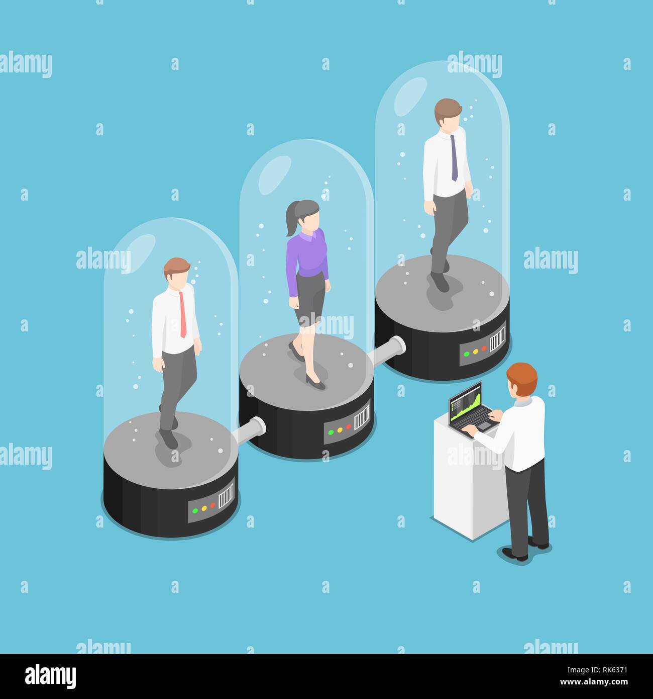Flat 3d isometric businessman checking sleeping employee inside the ... Flat 3d isometric businessman checking sleeping employee inside the ...