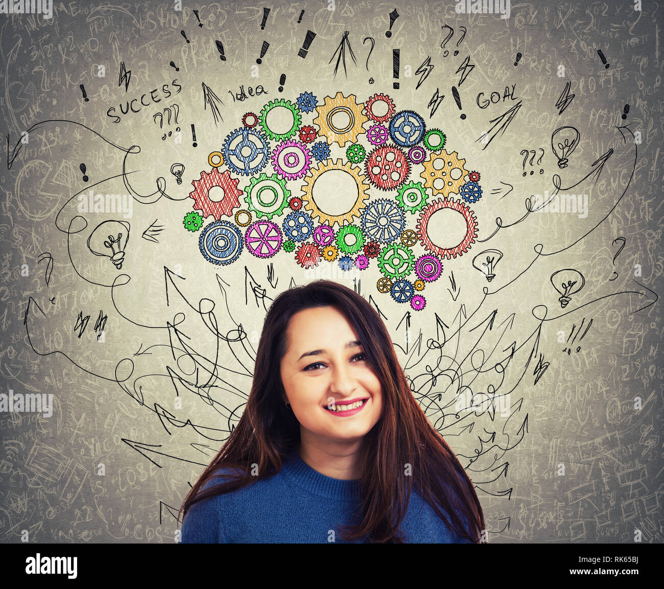 Close up portrait of a young woman with colorful cogwheel brain above ...