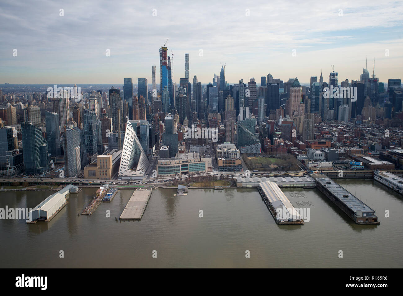 Aerial view of hell's kitchen and piers including VIA 57 West the ...
