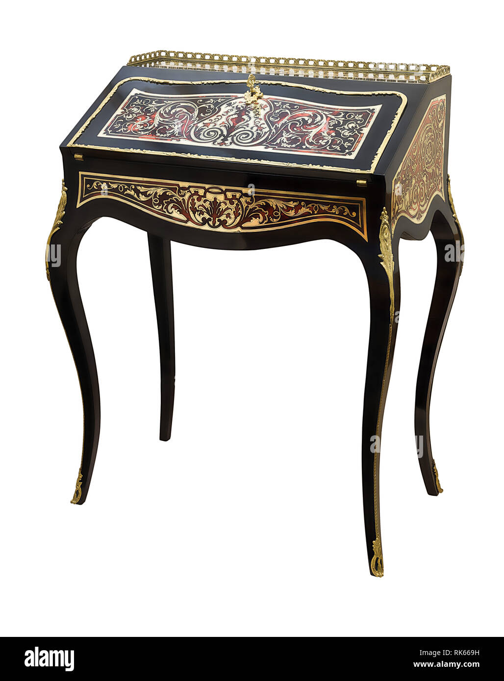 French Ebonized Ladies Bureau Secretary Desk with Brass and Tortoise ...