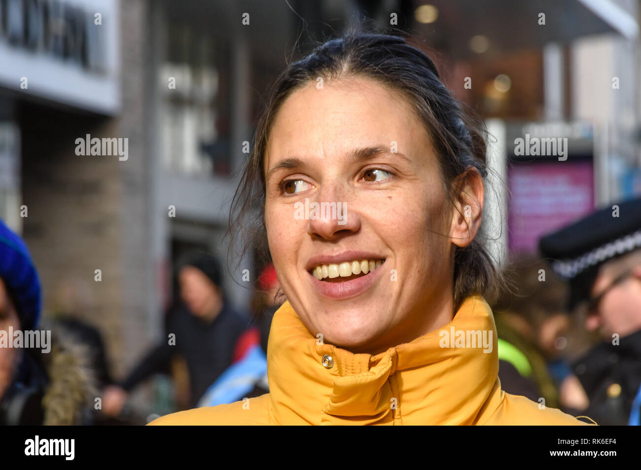 London, UK. 9th February 2019. woman from Plastic Free Hackney waits to speak at the Extinction ...
