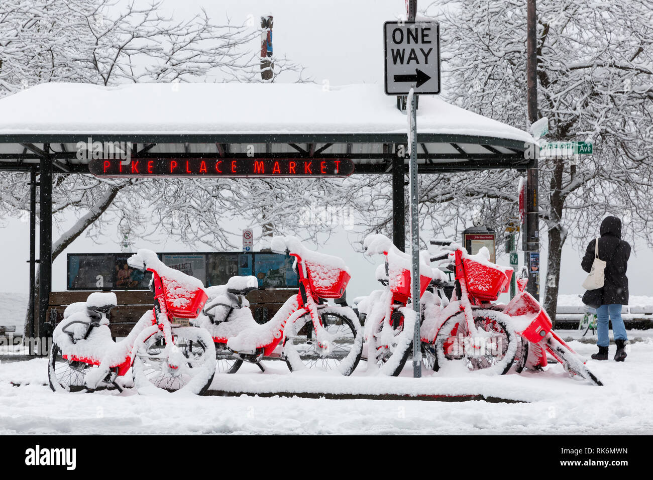 Washington, USA. 9th Feb 2019. A collection of Jump Bikes are parked at ...