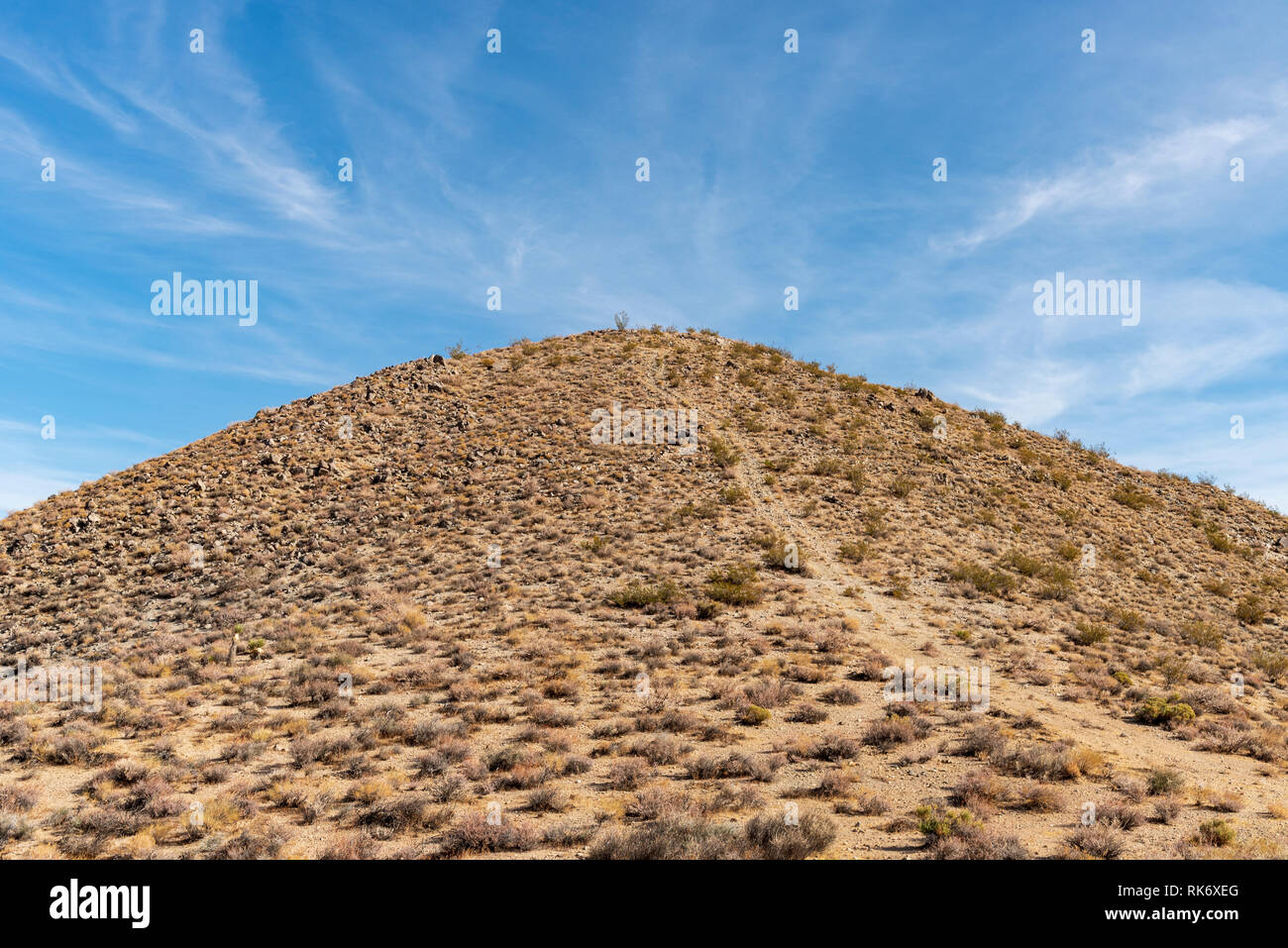 Dirt trail leading to the top of a desert hill with dead brush under ...