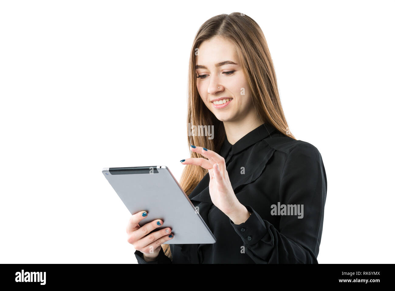 Woman business technology theme. Beautiful young caucasian woman in ...