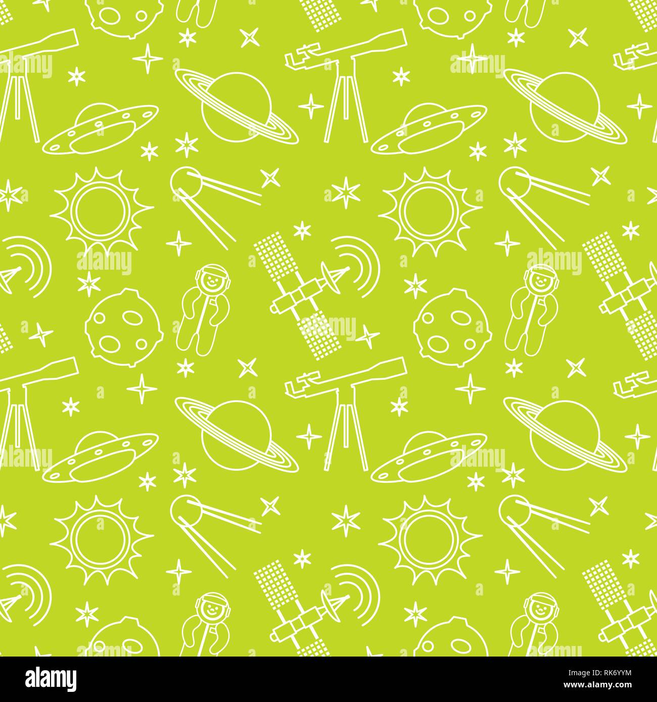 Seamless pattern with telescope, UFO, satellite, planets, astronaut ...