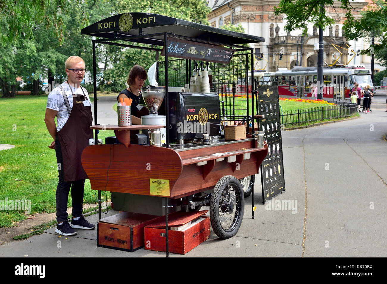 Street vendor with coffee stall in park central area of Prague Stock ...