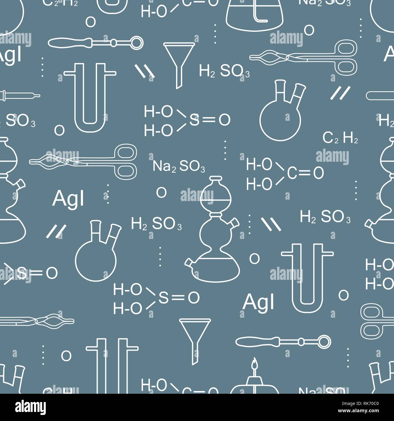 Scientific vector seamless pattern with flasks, burners, funnels, tools ...