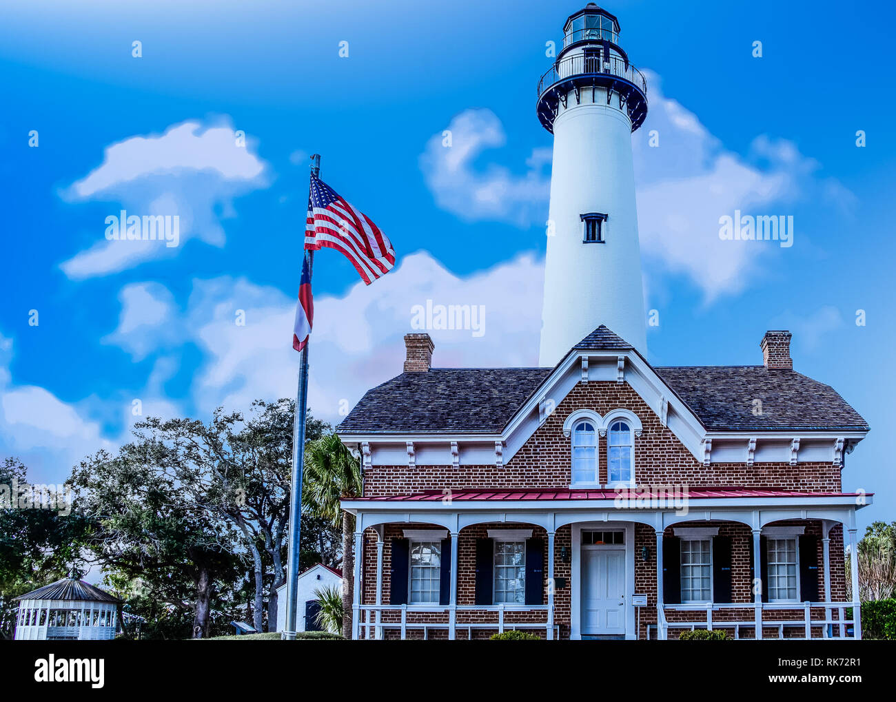 A view of the old white brick lighthouse on St Simons Island, Georgia ...