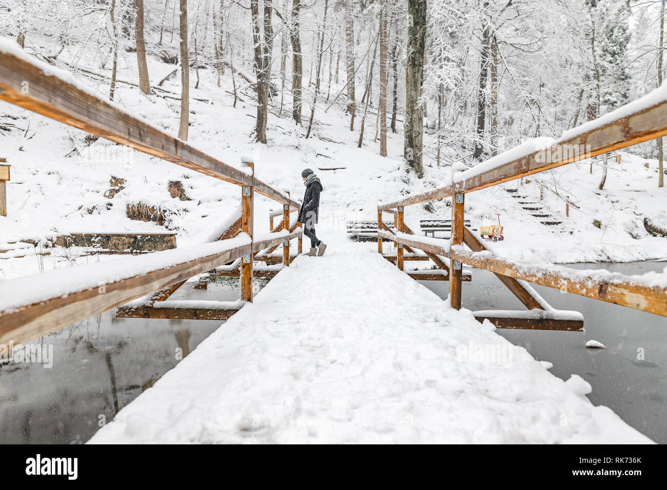 Walk through the forest in winter over bridge crook / river frozen ...