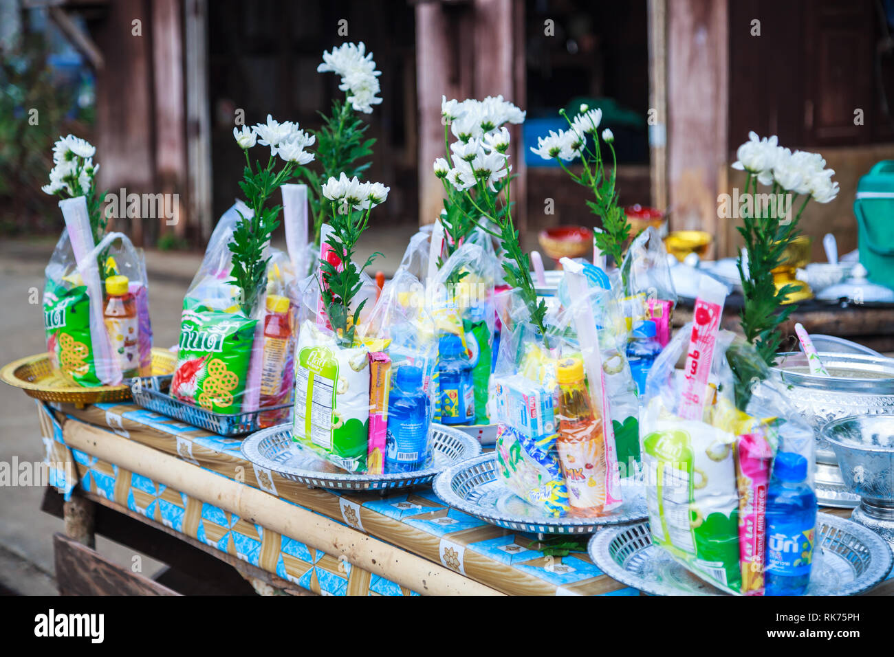 Kanchanaburi, Thailand - December 30, 2018: Alms prepared for ...