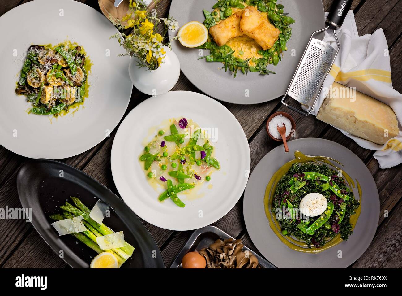 Large food selection for lunch or dinner composed of salad, grilled ...