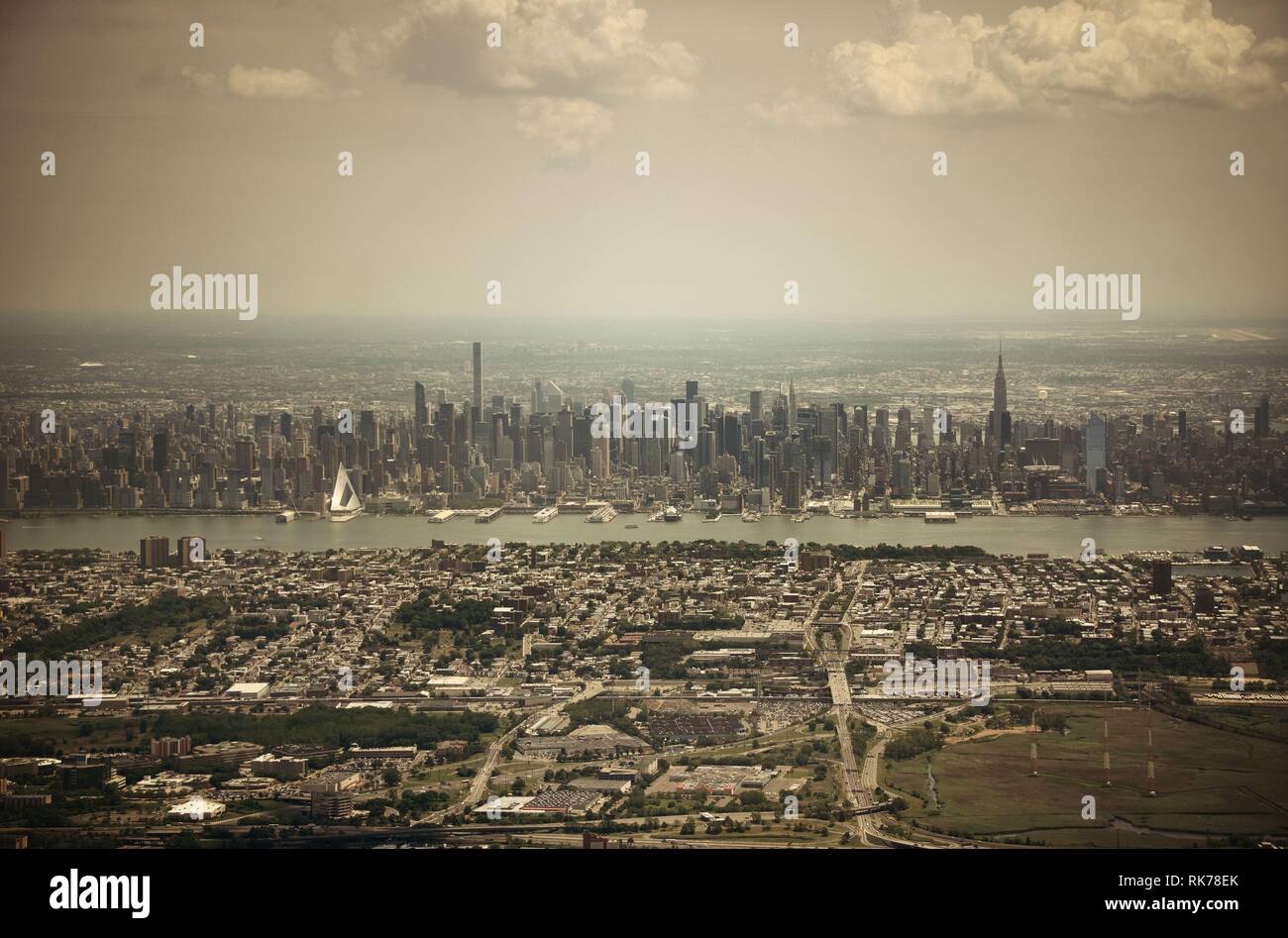 New York City midtown aerial view with Hudson River and New Jersey ...
