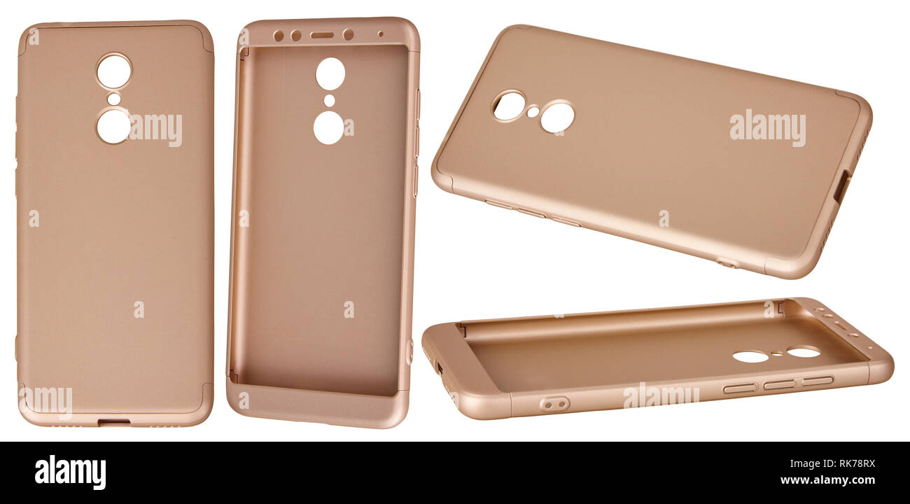 Plastic golden case for smartphone isolated on white background. Set of ...