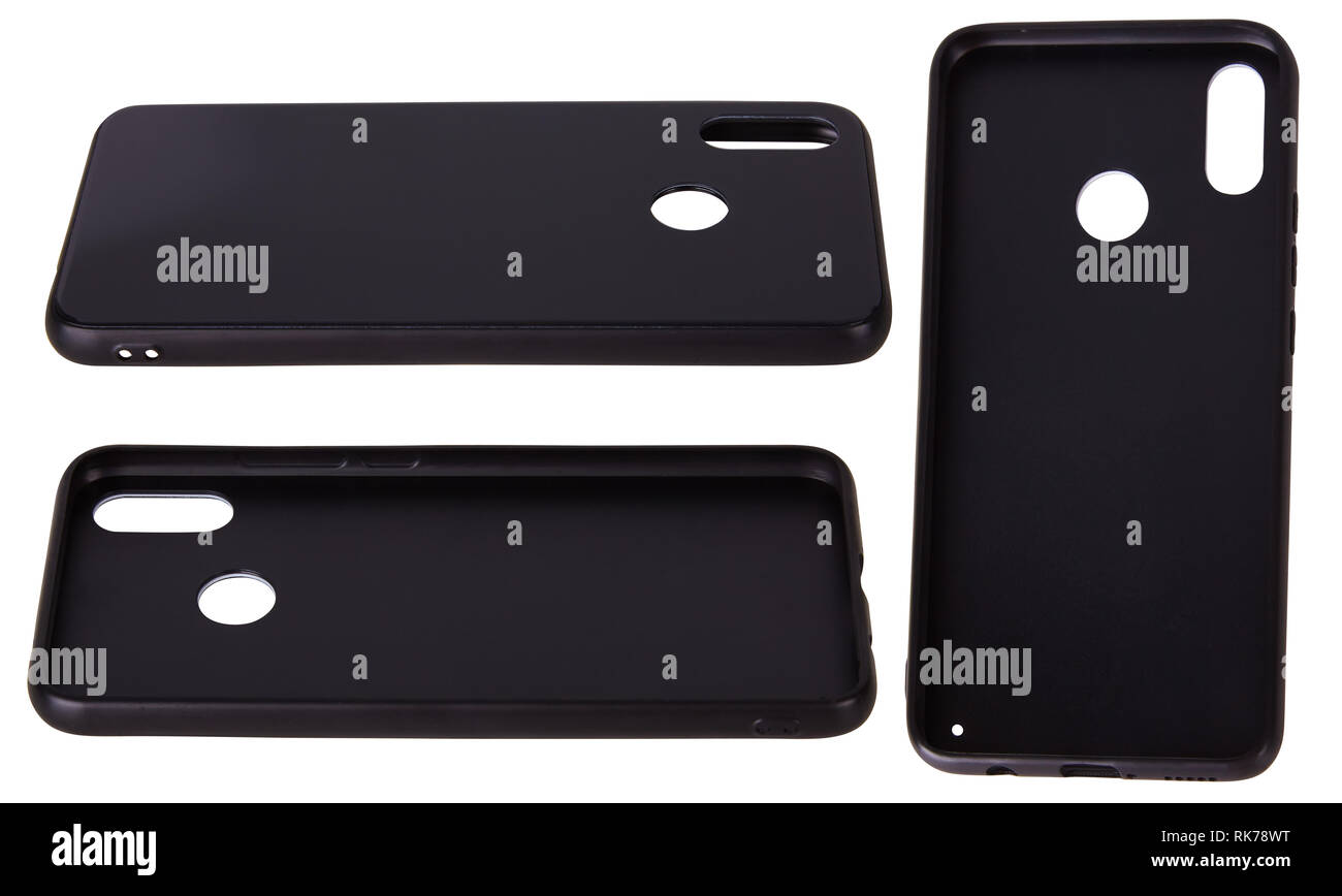 Plastic black case for smartphone isolated on white background. Set of ...