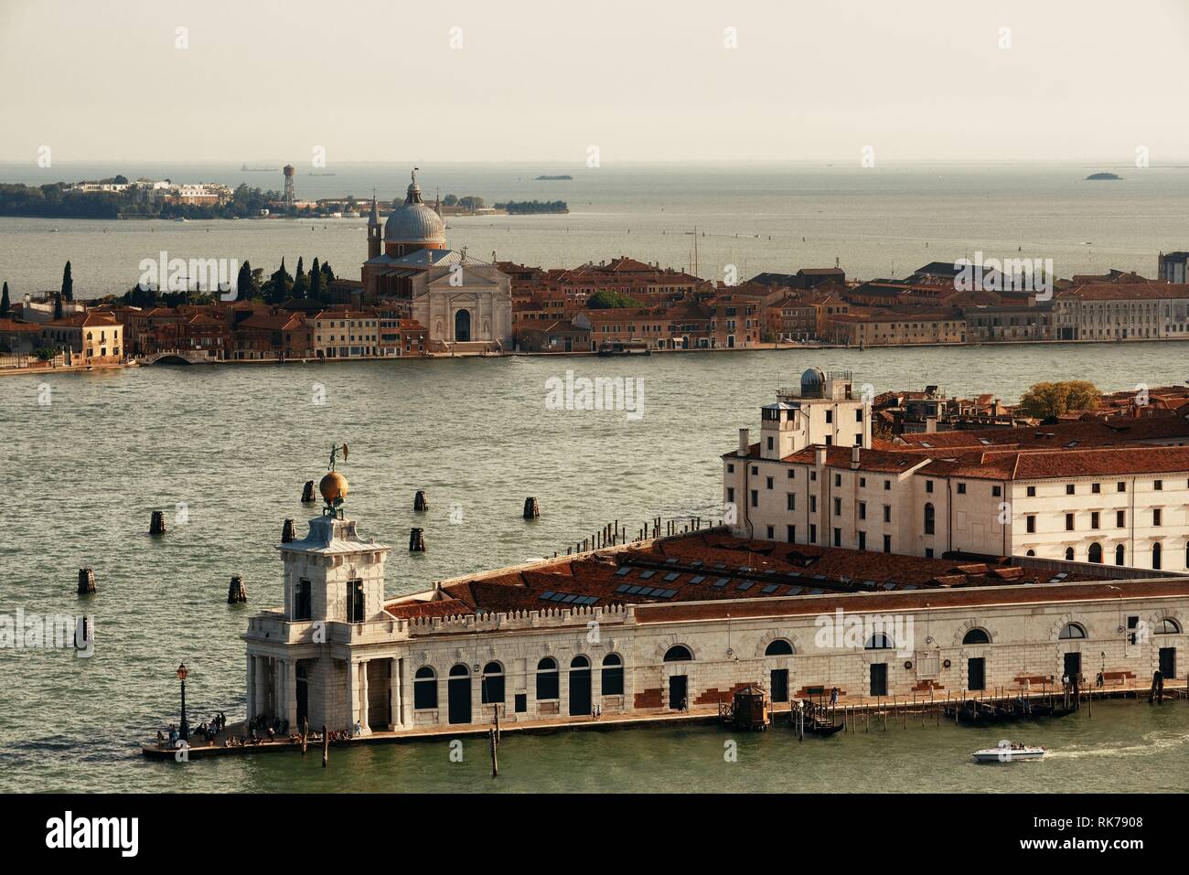 Venice skyline viewed from above at clock tower in St Mark’s square ...