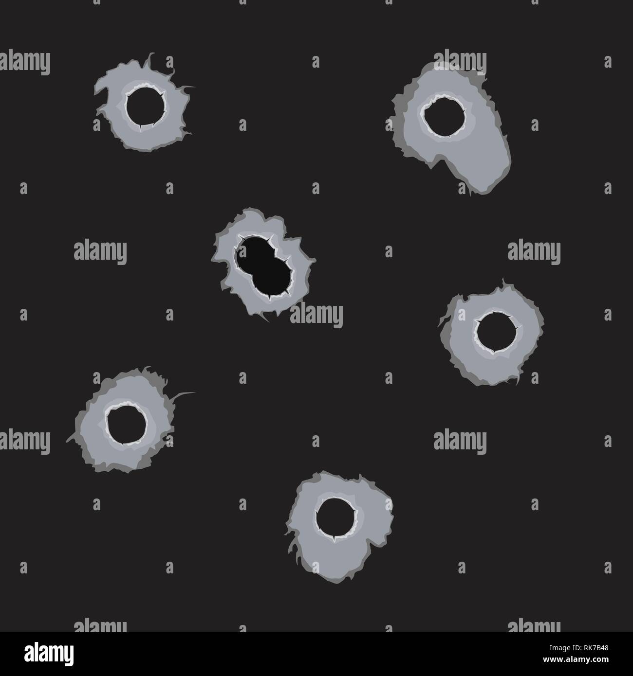 Set bullet holes. Isolated on black background. Vector illustration ...