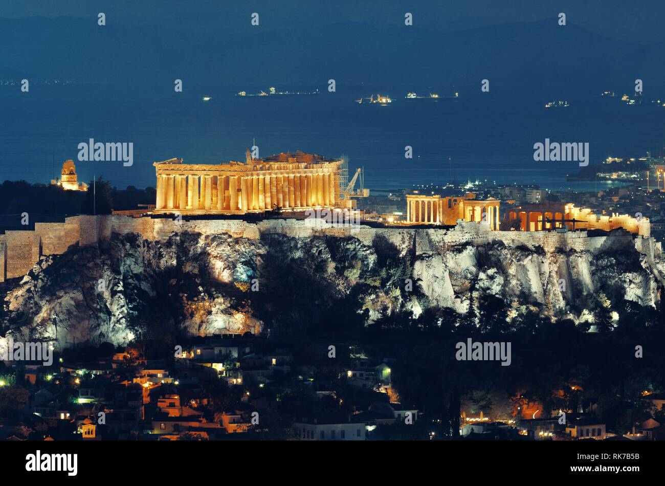 Acropolis historical ruins at night viewed from mountain, Greece Stock ...