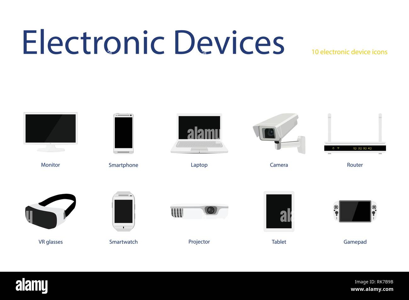 Vector illustration realistic computer monitor, laptop, tablet, gamepad ...