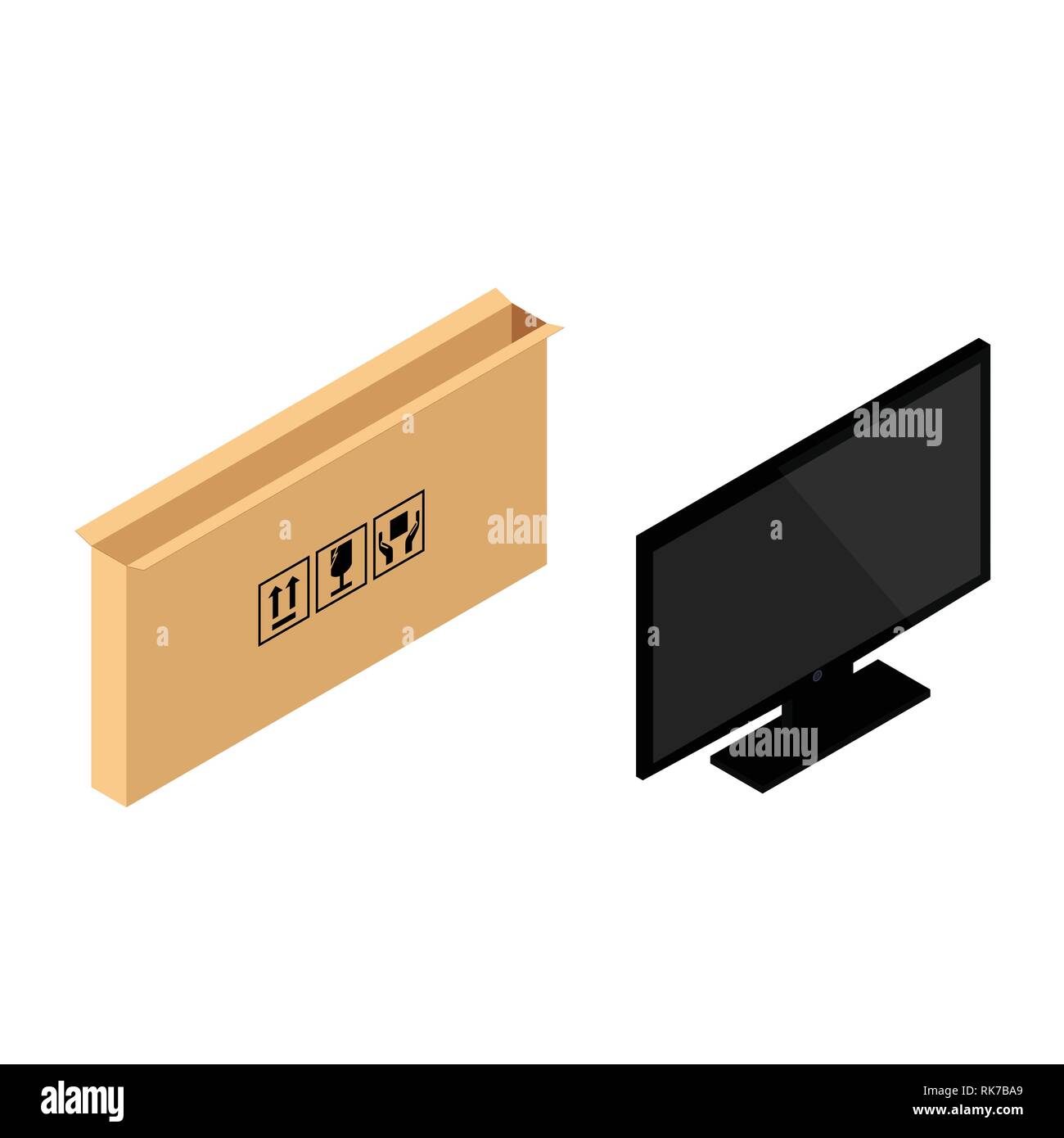 Vector isometric realistic TV screen and cardboard box. Modern stylish ...