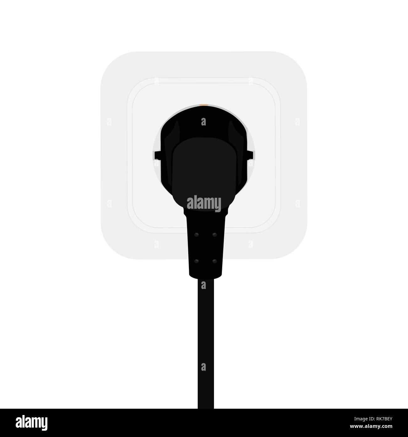 Black power cord cable plugged into european wall outlet on white wall ...