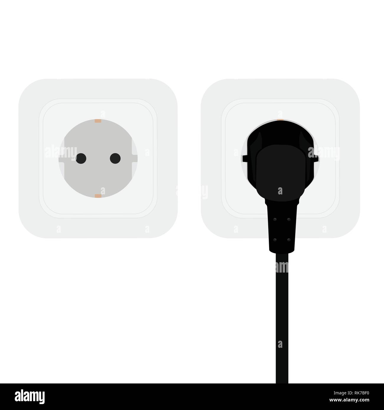 Black power cord cable plugged into european wall outlet on white wall ...