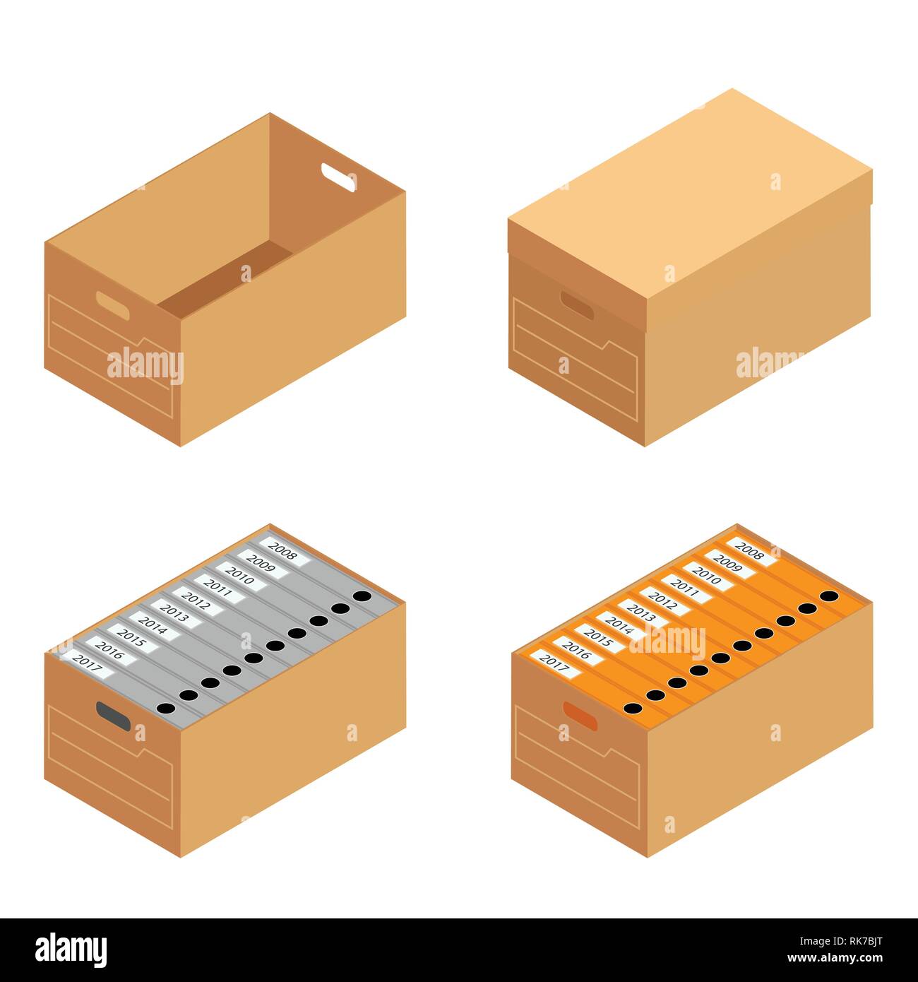 Vector illustration brown box with documents. Cardboard box set ...