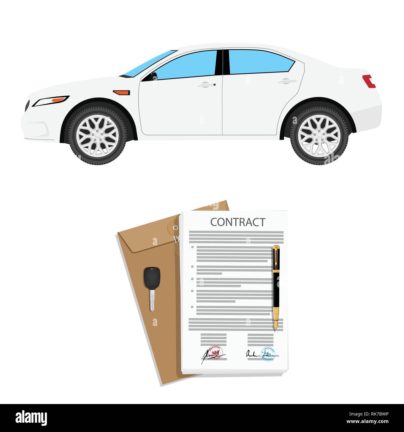 Rental agreement for a car with contract, pen and keys. Vector ...