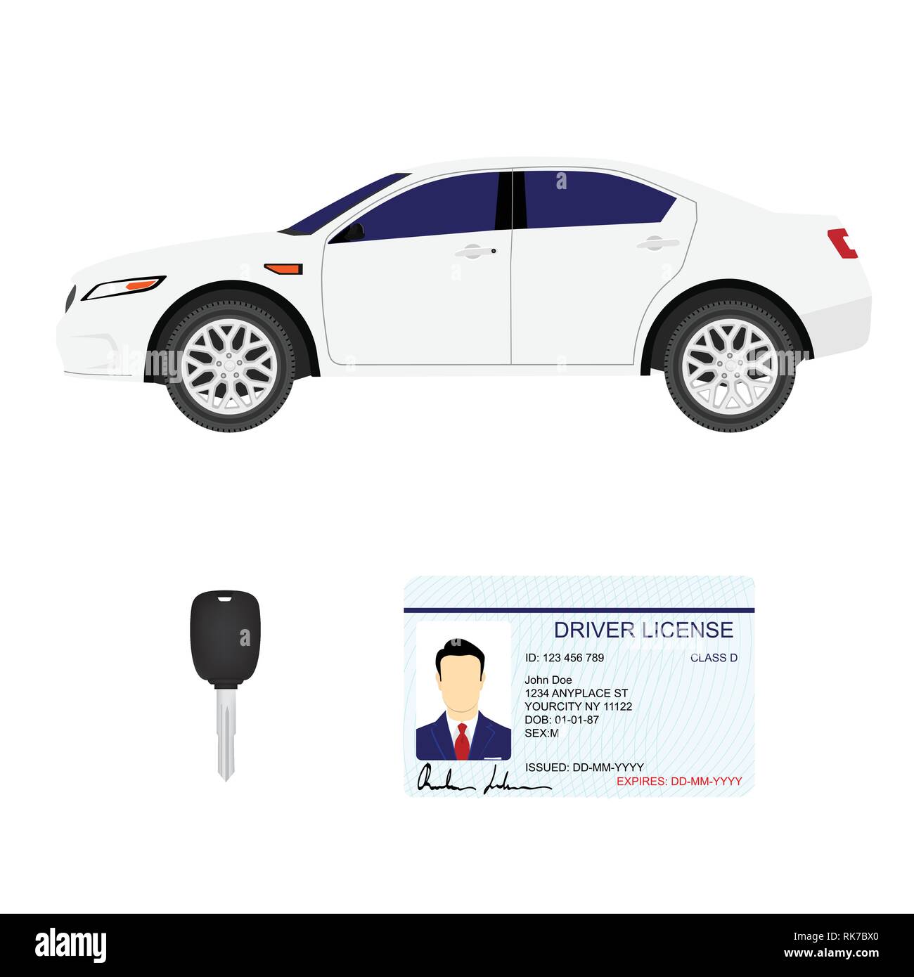 Driver license, key and white sport car. New drivers license concept ...