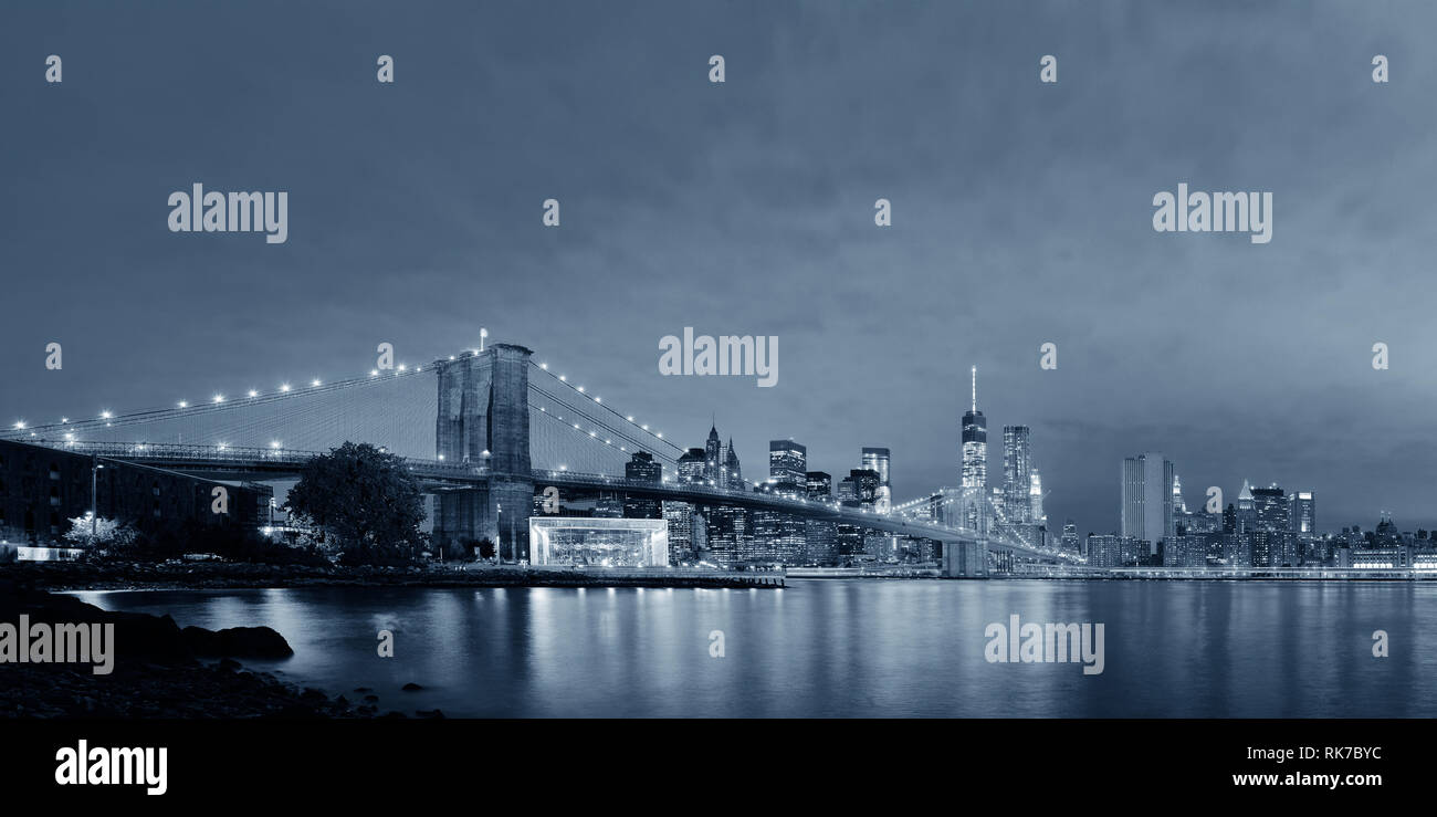 Manhattan Downtown urban view with Brooklyn bridge at night Stock Photo ...