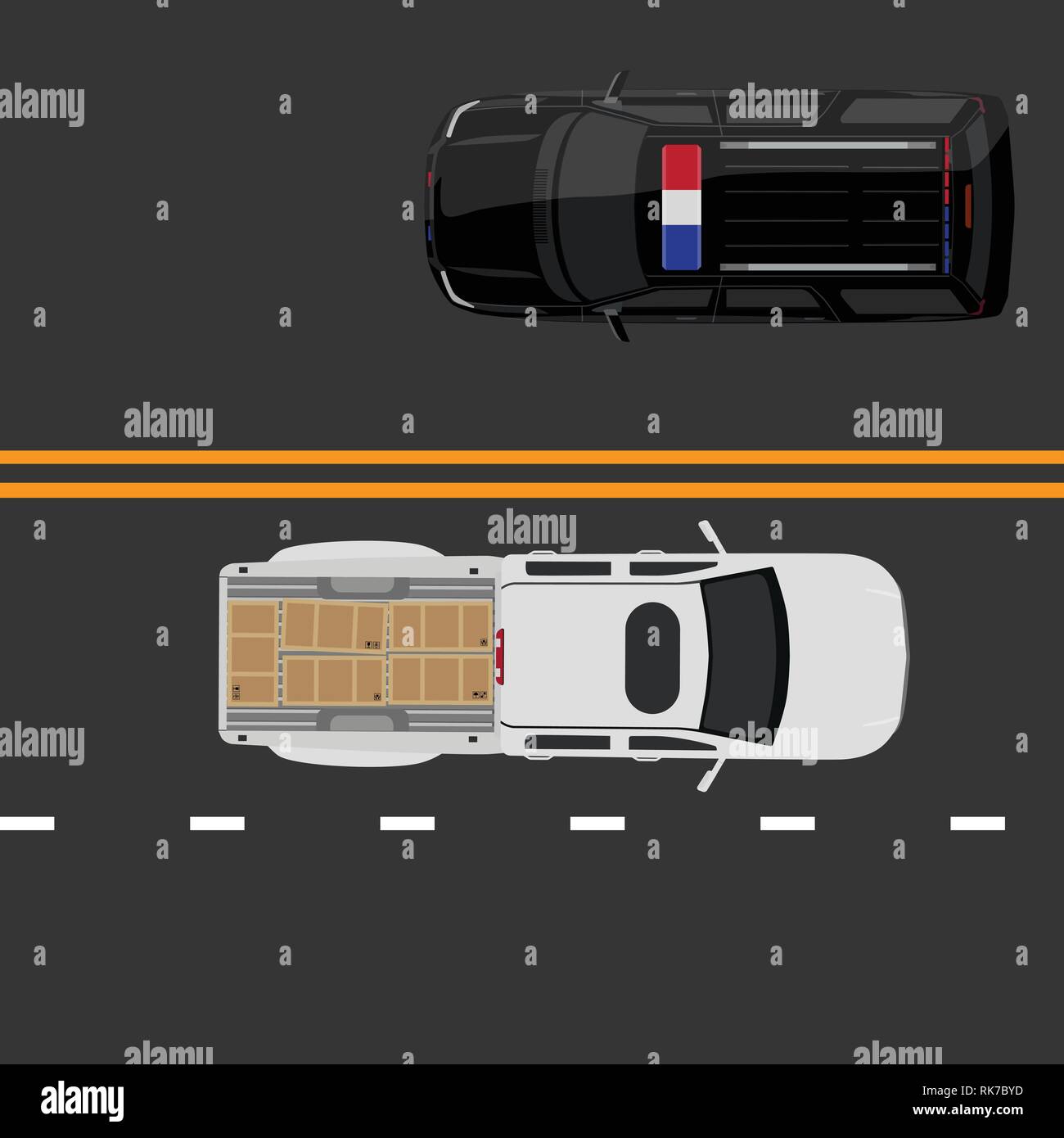 Police car and pick up delivery truck on the asphalt road Stock Vector ...