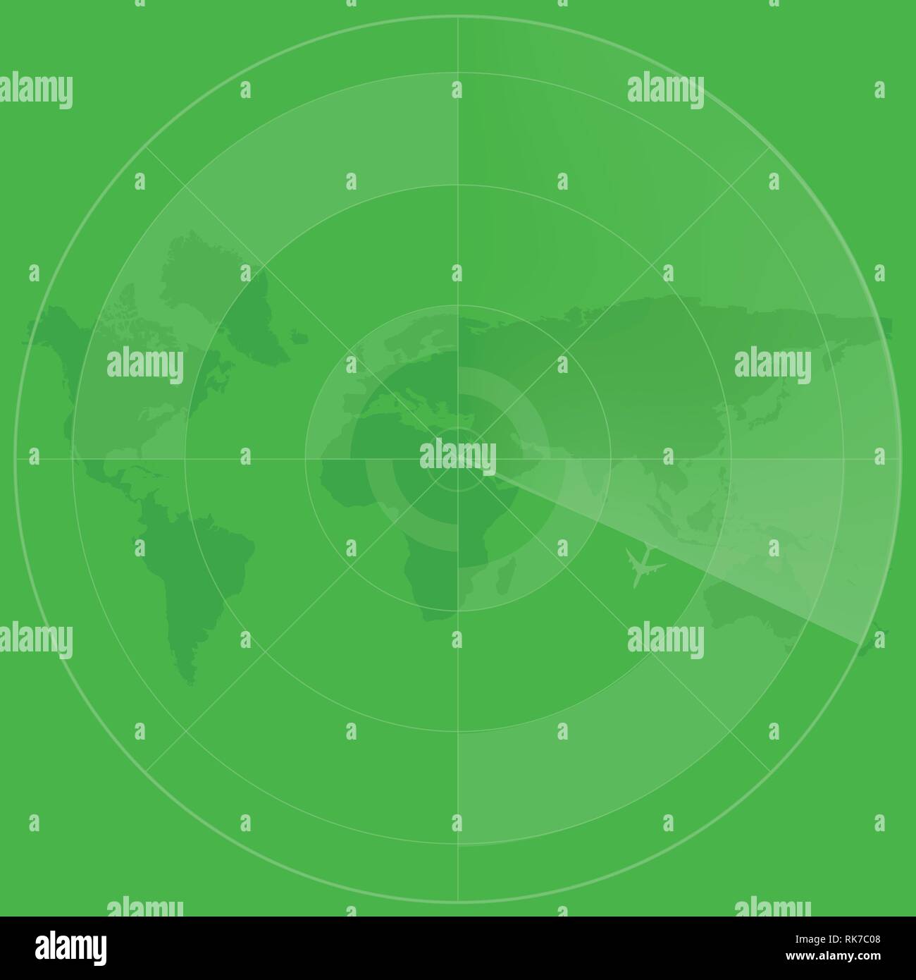 Abstract digital radar screen with world map and targets green ...