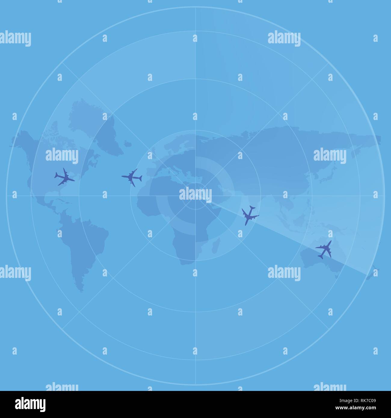 Abstract digital radar screen with world map and targets blue ...