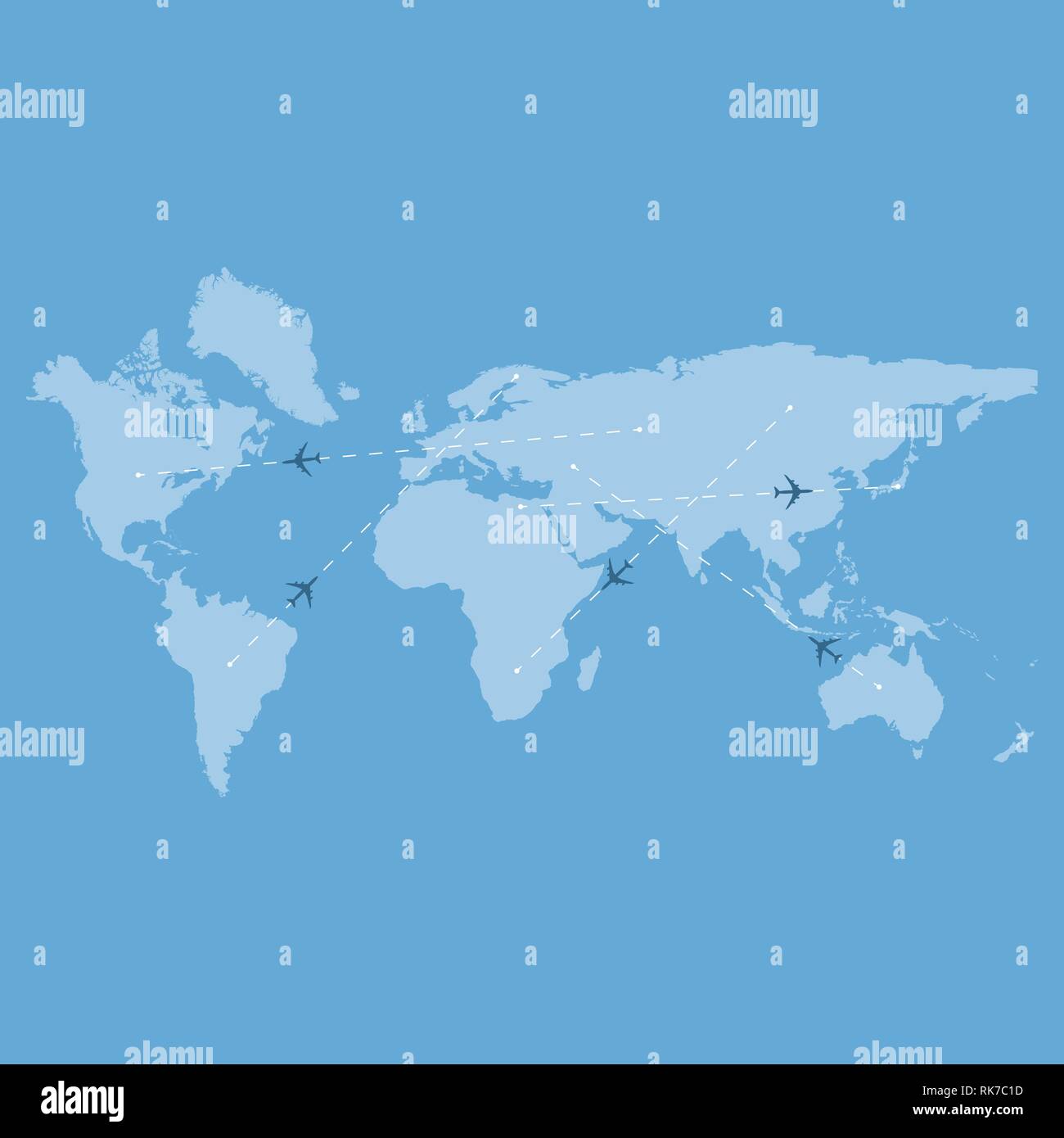 Airplane flight route on world map with dotted line path and location ...
