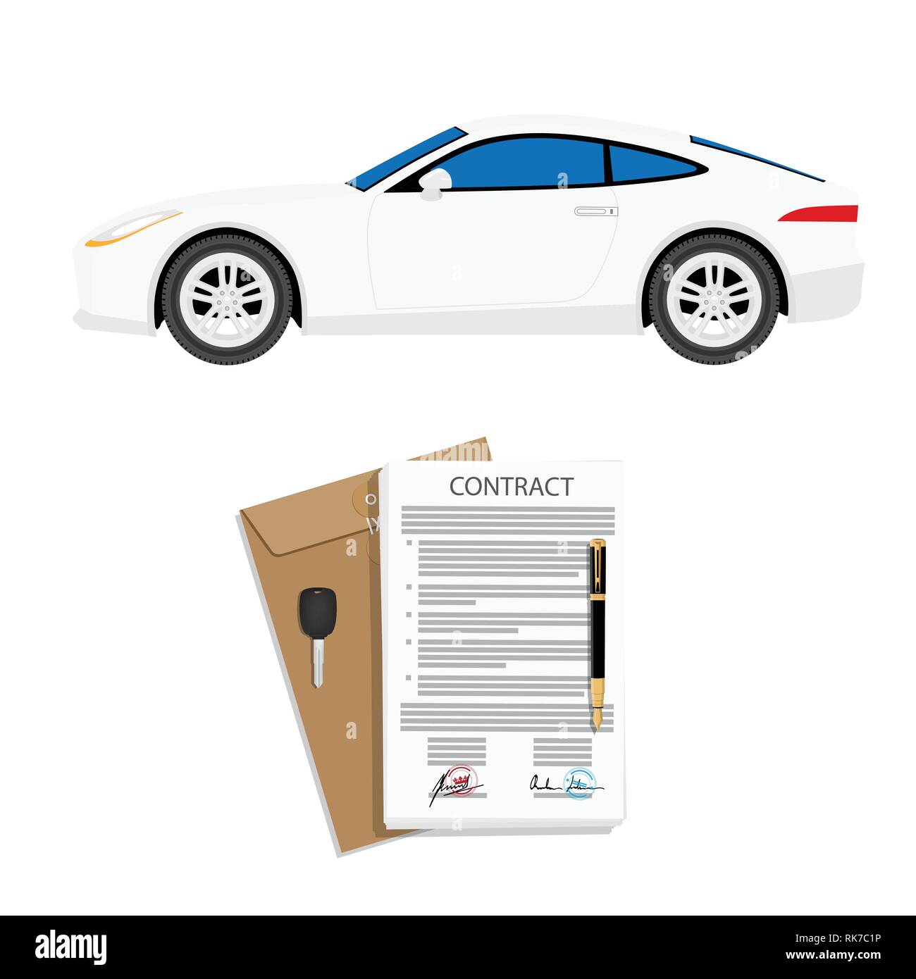 Rental agreement for a car with contract, pen and keys. Vector ...